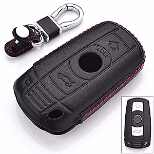 Royalfox(TM) Luxury 3 Buttons Genuine Leather Smart keyless Entry Remote Key Fob case Cover for BMW 1 2 4 5 6 Series,for bmw old smart key,with Keychain