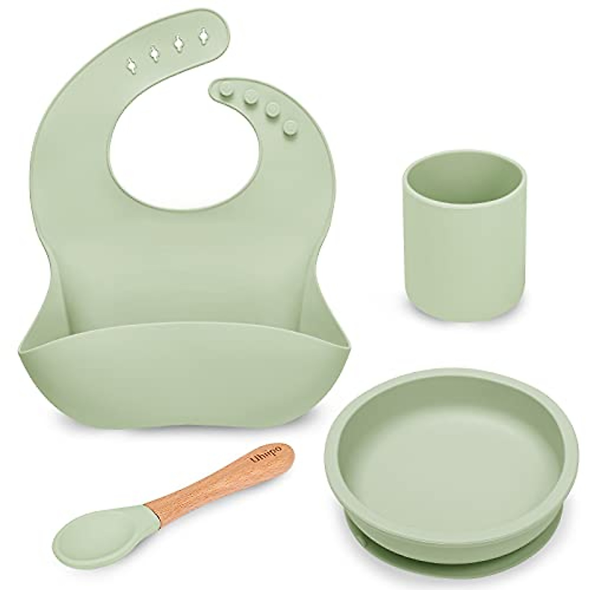Baby Feeding Set, BPA free, Food Grade Silicone Dinner Plate and Cutlery Set, Learn To Eat on Your Own, Set Includes Suction Cup Bowl, Spoon, Bib and Cup (Fruit Green)