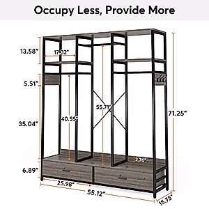 Tribesigns Freestanding Closet Organizer with 2 Drawers, Heavy Duty Garment Rack with Shelves and 6 Hooks, Wardrobe Closet Clothes Rack for Hanging Clothes, Clothing Storage for Bedroom, Gray