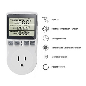 KETOTEK Digital Thermostat Outlet Plug Temperature Controller Outlet Socket 120V Heating Cooling Control 110V 15A Celsius Fahrenheit Display White
