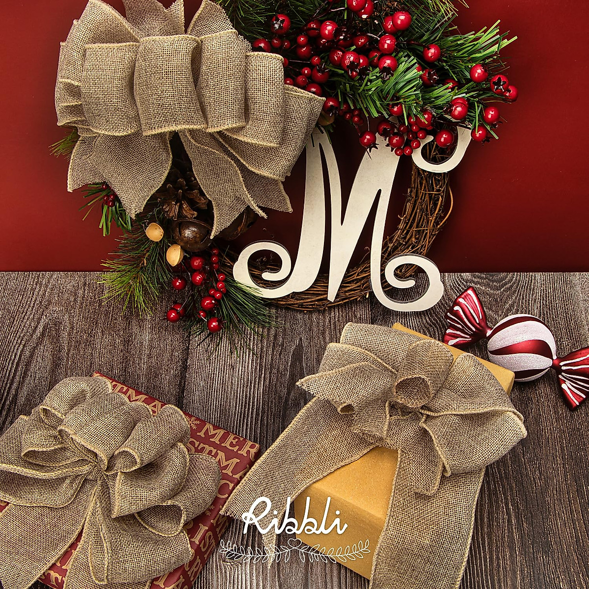 Ribbli Burlap Wired Ribbon,2-1/2 Inch x 10 Yard,Natural,Solid Wired Edge Ribbon for Big Bow,Wreath,Tree Decoration,Outdoor Decoration