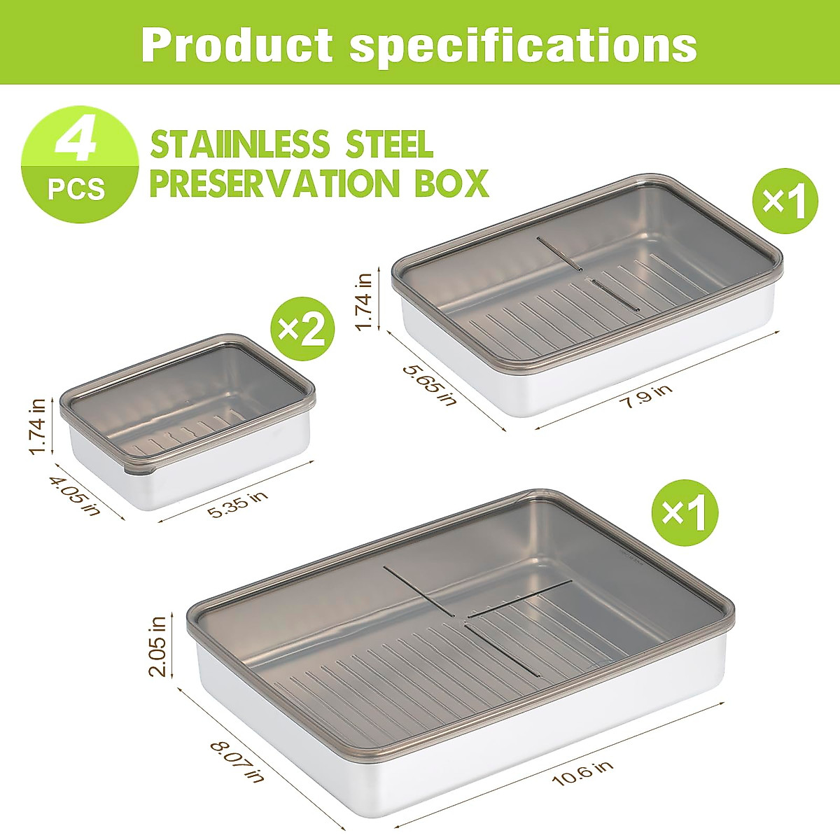 Ronanemon Deli Meat and Cheese Storage Container for Refrigerator, 304 Stainless Steel Airtight Bacon Storage Container,Kitchen Storage Containers Set for Home, Travel, Work, Party, Leftovers (4)