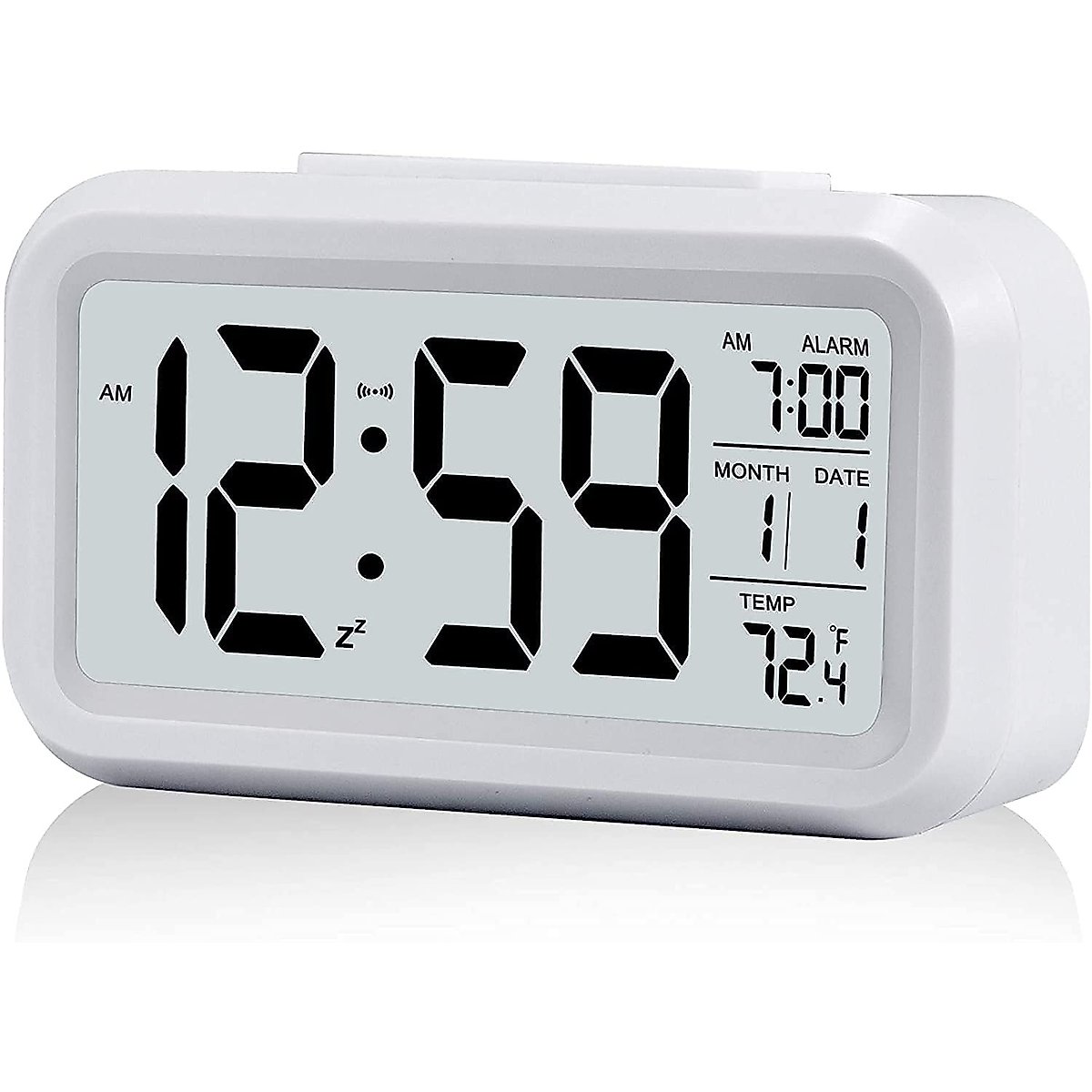 KAIJIELY Upgraded Digital Alarm Clock, 4.3" LED Display with Temperature Larger Lound Light Control Portable Snooze Calendar Brightness with Battery Powered Alarm Clocks Bedside for Everyone (White)