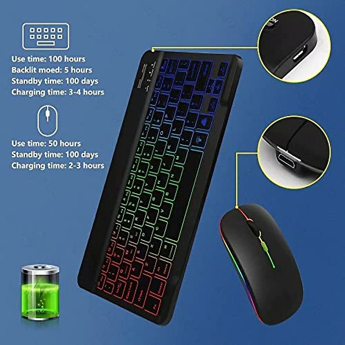 Bluetooth Keyboard and Mouse Combo for iPad - Rechargeable Wireless Keyboard & Mouse with 7-Color Backlit Compatible with iPad 9th/8th Gen, iPad Pro/Air/Mini, iPhone14/13/12 Pro, Black