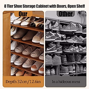 LOYALHEARTDY 8 Tier Shoe Storage Cabinet with Doors, Bamboo Free Standing Shoe Racks Entryway Shoe Organizer with Open Compartment, 35.4" W x 12.6" D x 42.1" H