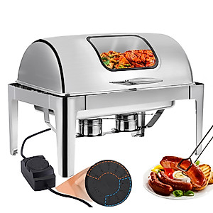 YMJOINMX Electric Buffet Food Roll Top Chafing Dish Temp. Control Servers and Warmers with Cover 2 Pans 9.5Quart for Buffet Commercial Food Warmer Steam Table