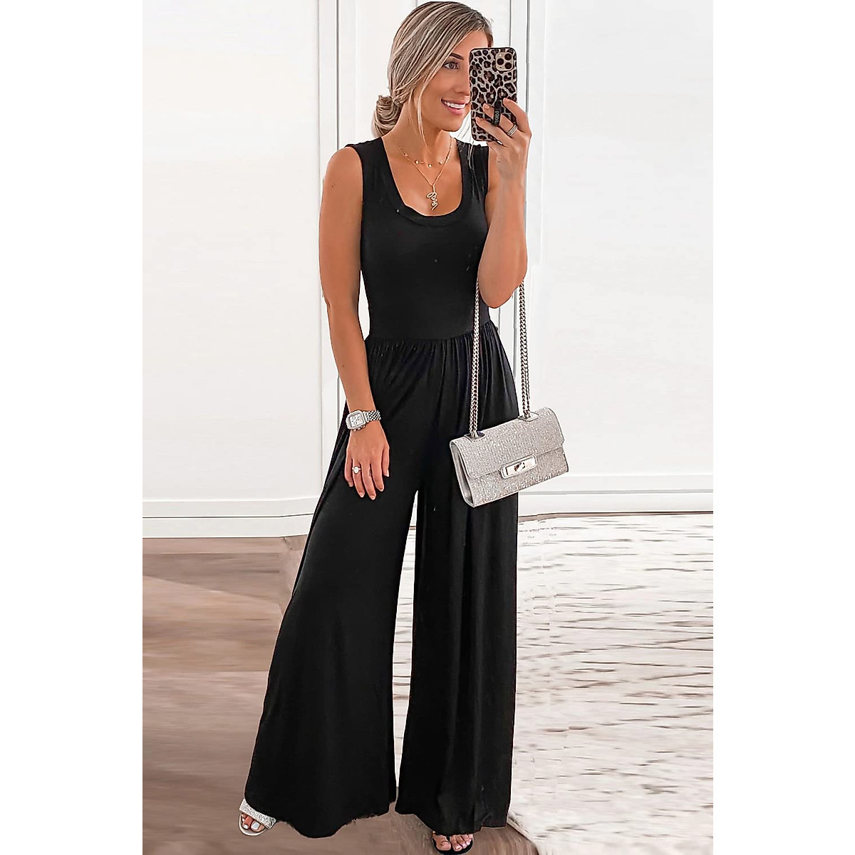 PRETTYGARDEN Women’s Summer Sleeveless Tank Jumpsuits High Waist Low Cut Casual Scoop Neck Fit And Flare Long Pants Rompers(Black, Large)