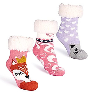 Cozople Winter Kids Fuzzy Slipper Socks Soft Thermal Non Skid Stockings for Girls Pink Cat Graphic Warm Fluffy Fleece Lined Home Socks with Grippers Think Christmas Stocking Stuffers for Girls 5-8T