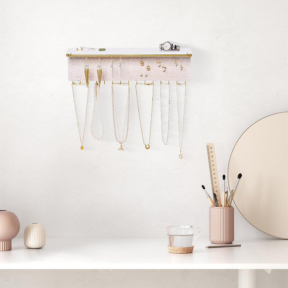 SANY DAYO HOME Wall Mount Jewelry Organizer Real Wood Jewelry Display Storage Shelf with 15 Necklace Hooks, Earring Bracelet Rod, Stud Cork Board, White