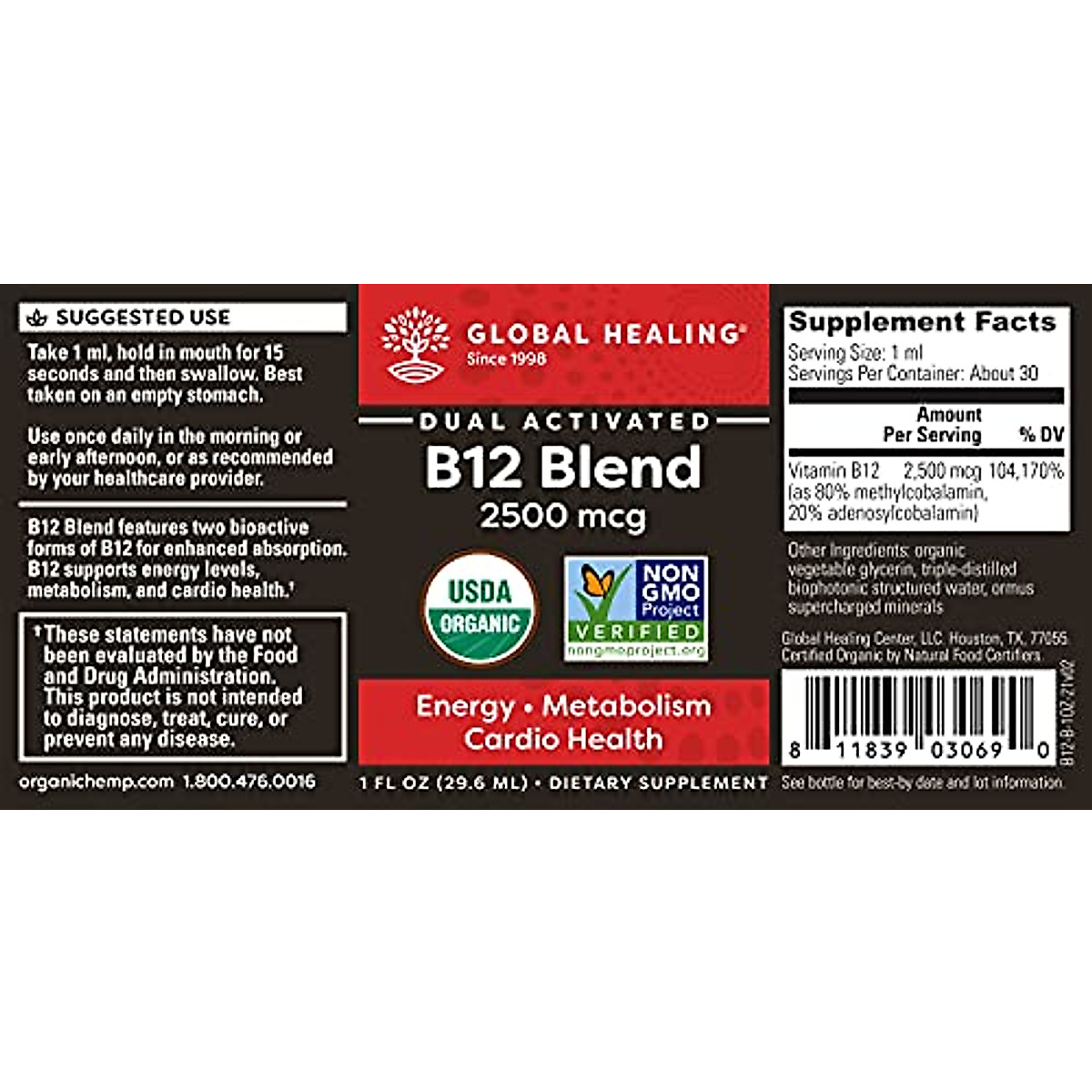 Global Healing Center Vegansafe B12, 2500 mcg Organic Sublingual Liquid Vitamin B12 Drops | 2-in-1 Methylcobalamin & Adenosylcobalamin Blend for Energy, Mood, and Heart Health, 30-Day Supply (1 Fl Oz)