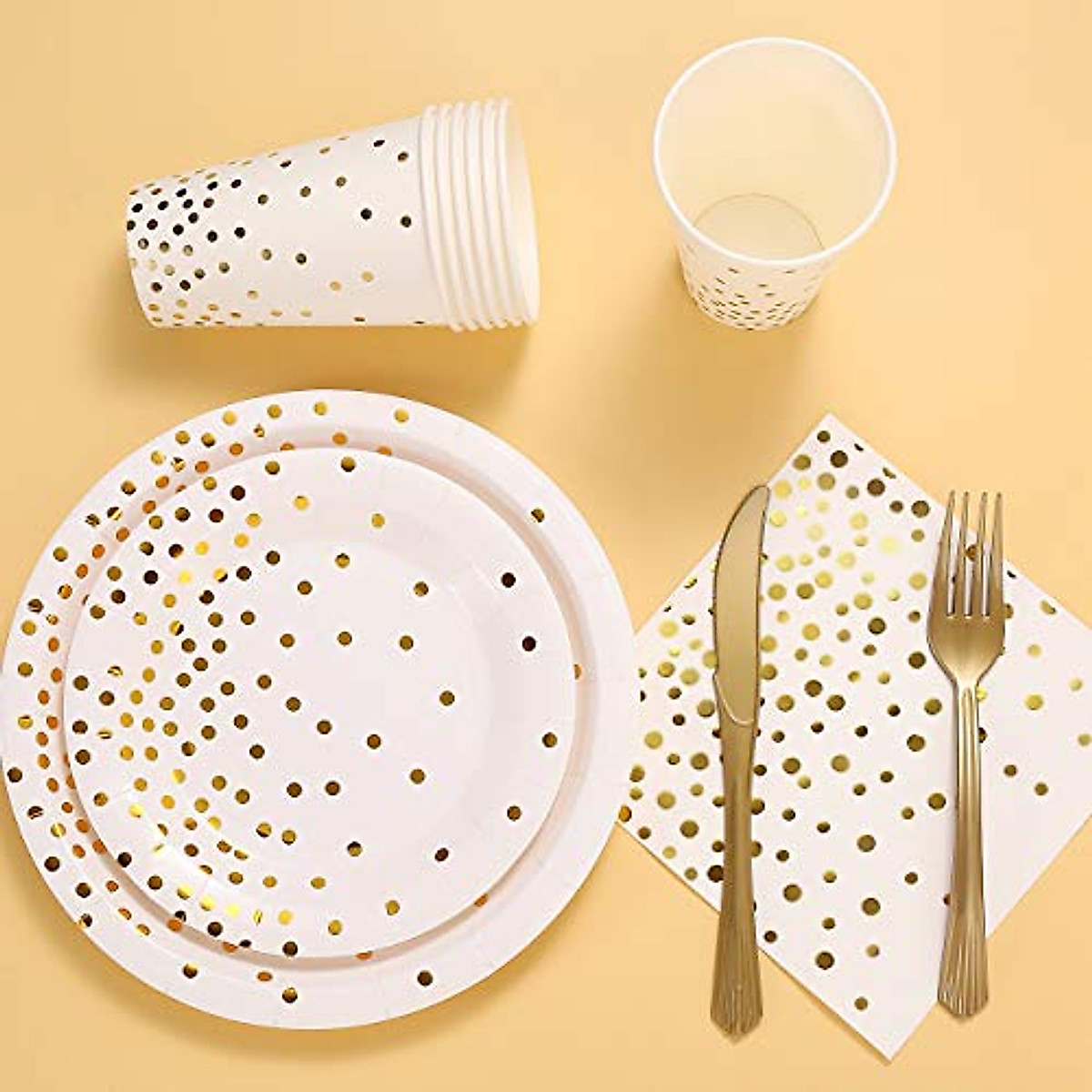 White and Gold New Year Eve 2025 Party Supplies 150PCS Golden Dot Disposable Party Dinnerware Includes Paper Plates, Napkins, Knives, Forks, 12oz Cups, Banner, for Bridal Shower, Wedding, Serves 25