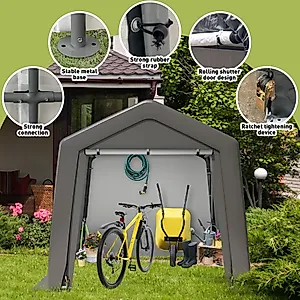 6 * 6 * 7FT Outdoor Storage Shed Carport,Portable Garage Bike Shed Tent with Roll-Up Zipper Door, Heavy Duty Waterproof Tarp Carport for Motorcycle, Bike, Firewood, Garden Tools Sheld