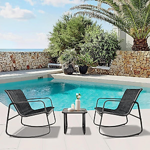 Patiomore 3 Pieces Outdoor Rocking Chairs, Patio Bistro Furniture Black Wicker Chair Set with Tempered Glass Table and Thick Dark Blue Cushion