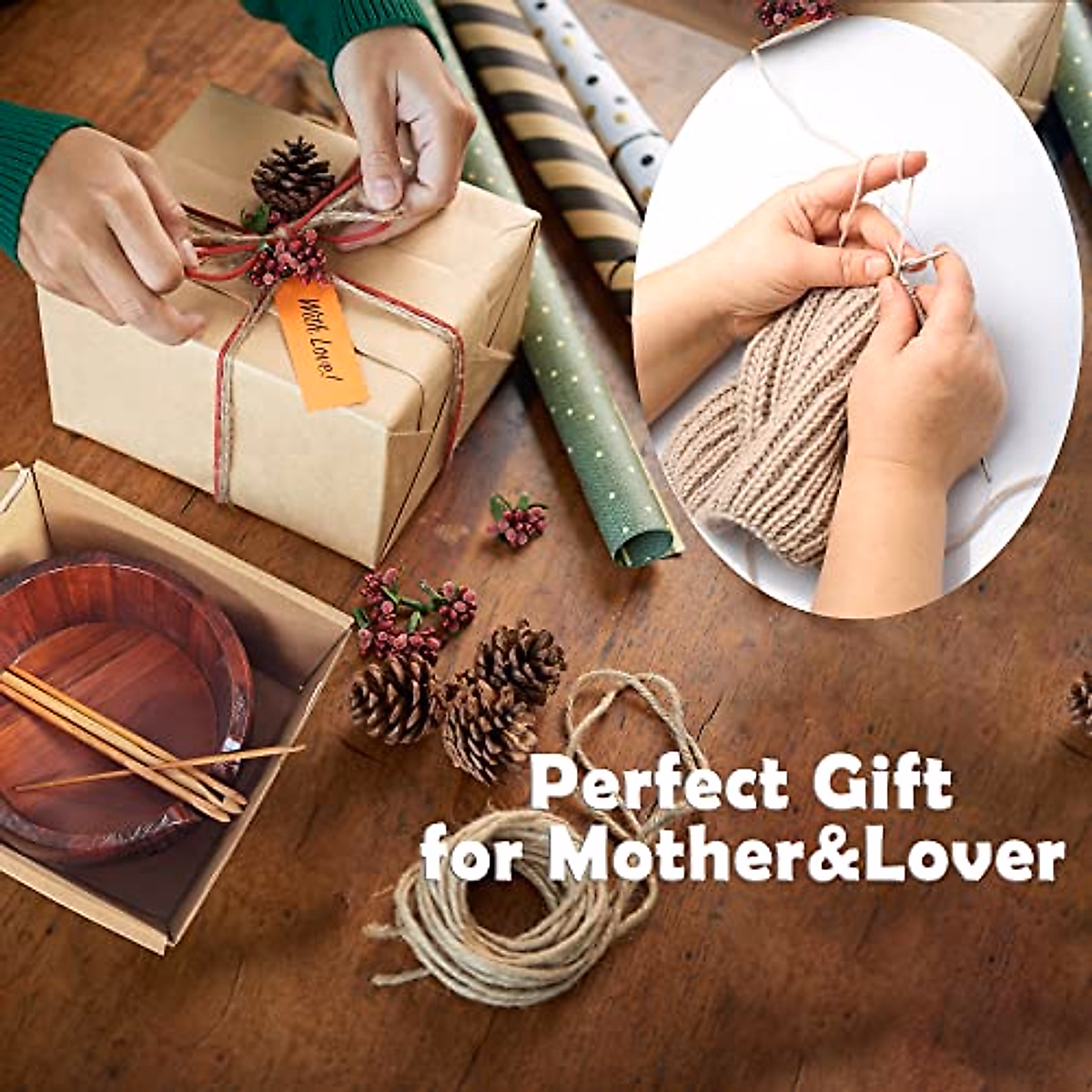 Wonderbooom Wooden Yarn Bowl with 12 pcs Bamboo Handle Crochet Hooks,Knitting Wool Storage with Holes,Handmade Crochet Bowl Holder Rosewood for Mother's Day