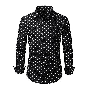 WDIRARA Men's Polka Dots Button Front Long Sleeve Collar Shirt Casual Tops Black L