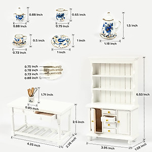SAMCAMI Wooden Dollhouse Furniture Set - Miniature Dollhouse Furniture 1 12 Scale for Dollhouse Kitchen - Doll House Furniture Toys Incl Kitchen Island, Cabinet, Tea Cup Set and Other Accessories