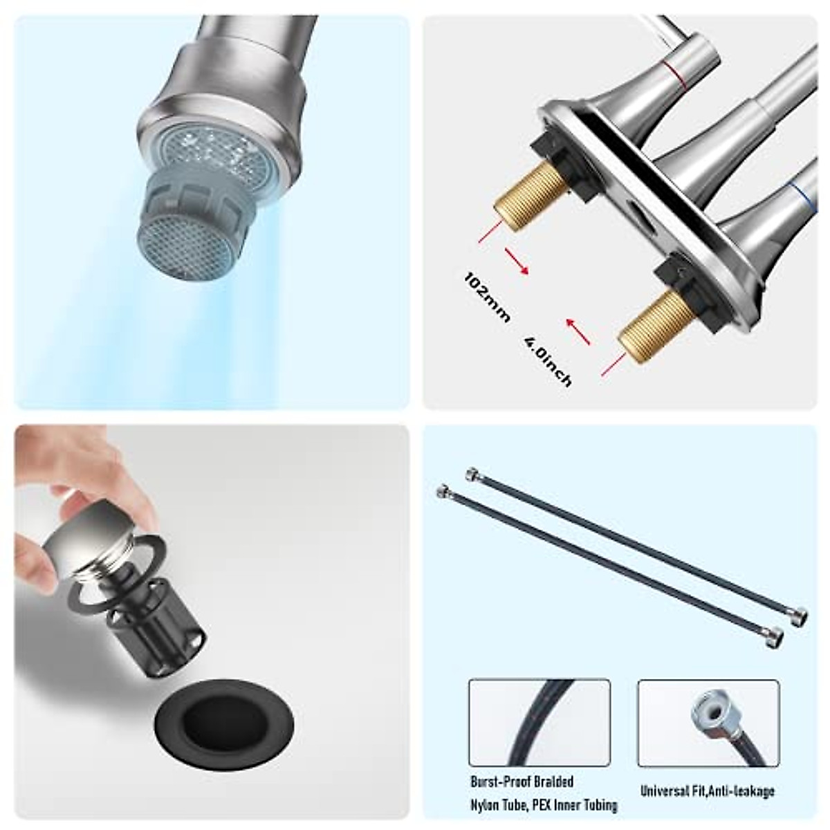 Bathroom Faucets for Sink, Gomylifer Bathroom Sink Faucet 2 Handle，4 Inch Centerset Sink Faucet with Pop Up Drain and Supply Hoses,Stainless Steel 360 Swivel Spout, Lead-Free, Brushed Nickel