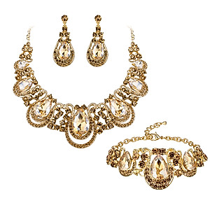BriLove Women's Teardrop Crystal Statement Necklace Cluster Hollow Dangle Earrings Chain Bracelet Bib Jewellery Set for Wedding Bride Bridesmaid Champagne Gold-Toned