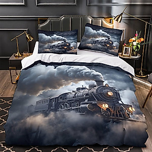 EVMILA Steam Train Comforter Covers Duvet Cover Quilt Cover for Boys Girls 3D Printed Steampunk Bedding Set with Zipper Closure Soft Microfiber with Pillow Cases 3 Pieces Twin（173x218cm）