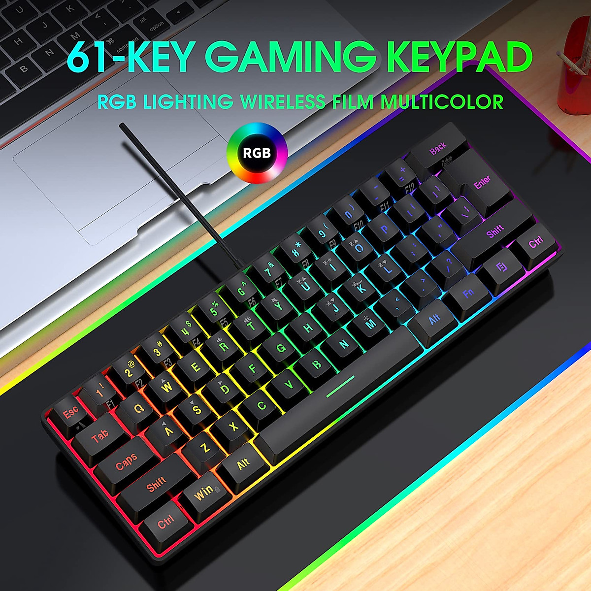 DGG K60 61 Keys RGB Backlit 60% Wired Gaming Keyboard, Ergonomic Waterproof Mini Compact 60 Percent Mechanical Feeling Keyboard, for PC Mac PS4 Xbox Gamer, Typist, Travel