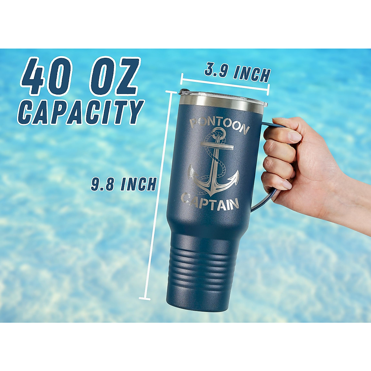 Onebttl Pontoon Boat Captain Tumbler, 40oz Stainless Steel With Spill-Proof Lid and Straw, Laser Engraved Gift, Navy Blue
