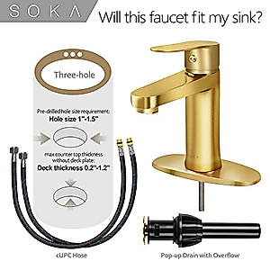 SOKA Brass Bathroom Faucet Brushed Gold Bathroom Sink Faucet Gold with Pop-up Sink Drain Stopper & Deck Plate 1 or 3 Hole Bathroom Faucet Single Handle Bathroom Faucet Single Hole RV Bathroom Faucet
