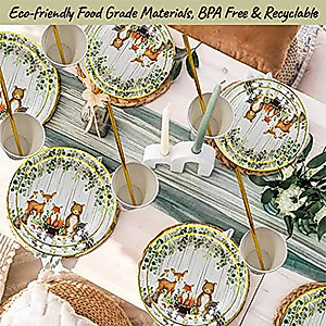 121Pc Woodland Creatures Theme Baby Shower Decorations, Birthday Party Supplies For Boy & Girl -Tablecloth, Paper Plates Napkins Straws & Cups of Forest Animal Friends Fox Deer Tableware Set Serves 24