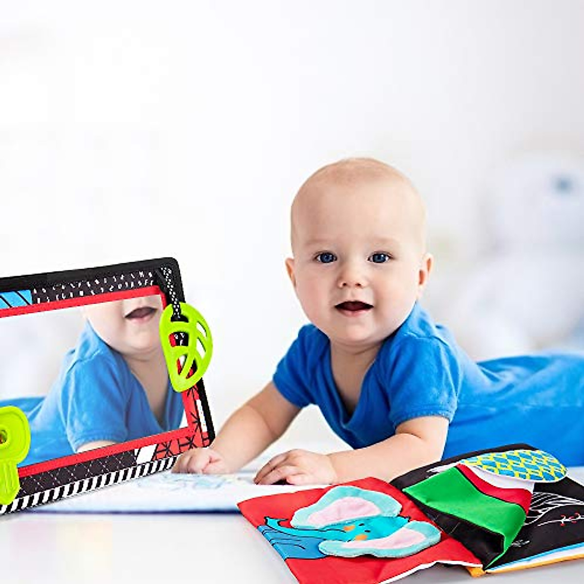 teytoy Tummy Time Mirror Newborn Toys Infant Toys 0-3 Months Brain Developmental Baby Mirror Tummy Time Toys with Cloth Book&Teethers,High Contrast Black and White Baby Toys 4 6 9 12 Month Sensory Toy