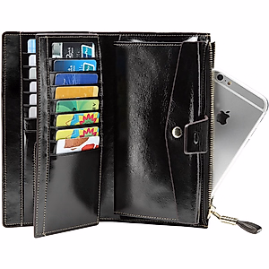 Itslife Womens Wallet RFID Blocking Large Capacity Luxury Wax Genuine Leather Wallets Clutch Wallet Ladies Card holder, Black