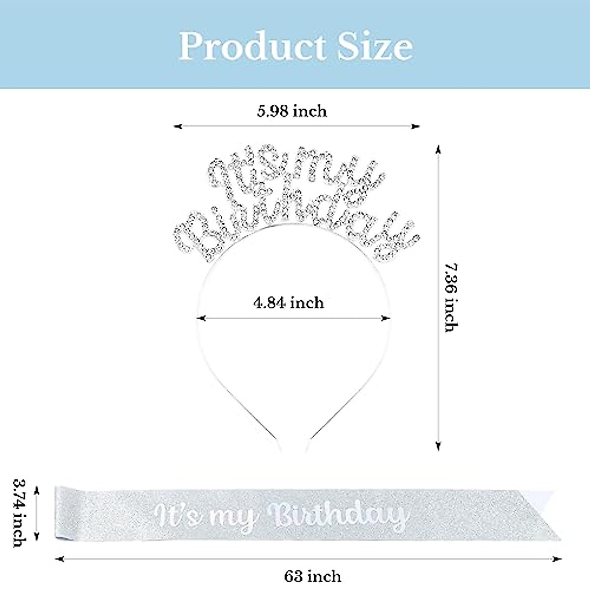 BAHABY Birthday Crowns for Women, It's My Birthday Sash & Birthday Headband Set Princess Birthday Sash and Rhinestone Tiara Birthday Gifts for Women Girls Sweet Happy Birthday Accessories for Party- Silver