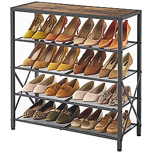 Tajsoon 5-Tier Shoe Rack Organizer, Industrial Shoe Rack for Closet Entryway, Metal Mesh Shoe Storage Shelf with X Shape Fixed Frame, with 2 Hooks, Rustic Brown & Black