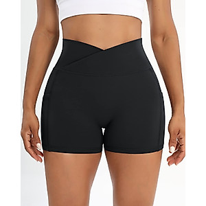 Workout Shorts for Women 2 Pcs Pack Cross Waist Active Gym Spandex Stretchy Yoga Compression with Side Pockets Black+Black-M