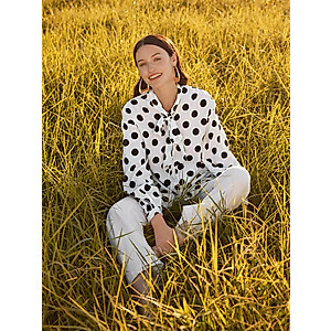 Floerns Women's Bow Tied Neck Lantern Long Sleeve Polka Dot Blouse White S