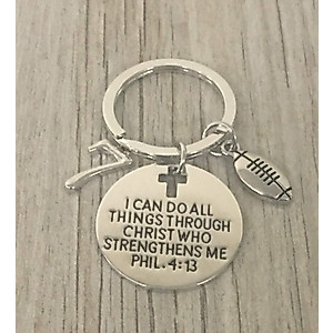 Personalized Football Charm Keychain, Christian Faith Charm Keychain, I Can Do All Things Through Christ Who Strengthens Me Phil. 4:13 Scripture Jewelry, Football Gifts For Men, Teens and Boys