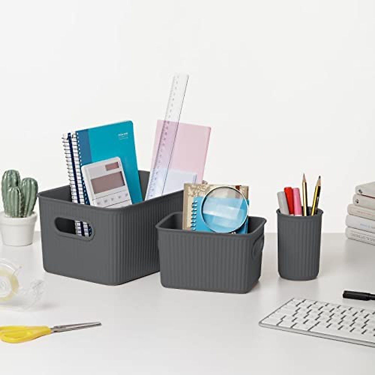 Superio Ribbed Plastic Storage Basket Organizer, White and Grey, 5 Liter- Stackable Classic Closet Storage Bin for Shelf, Desk, Pantry- Store Toys, Clothes, Cosmetics,