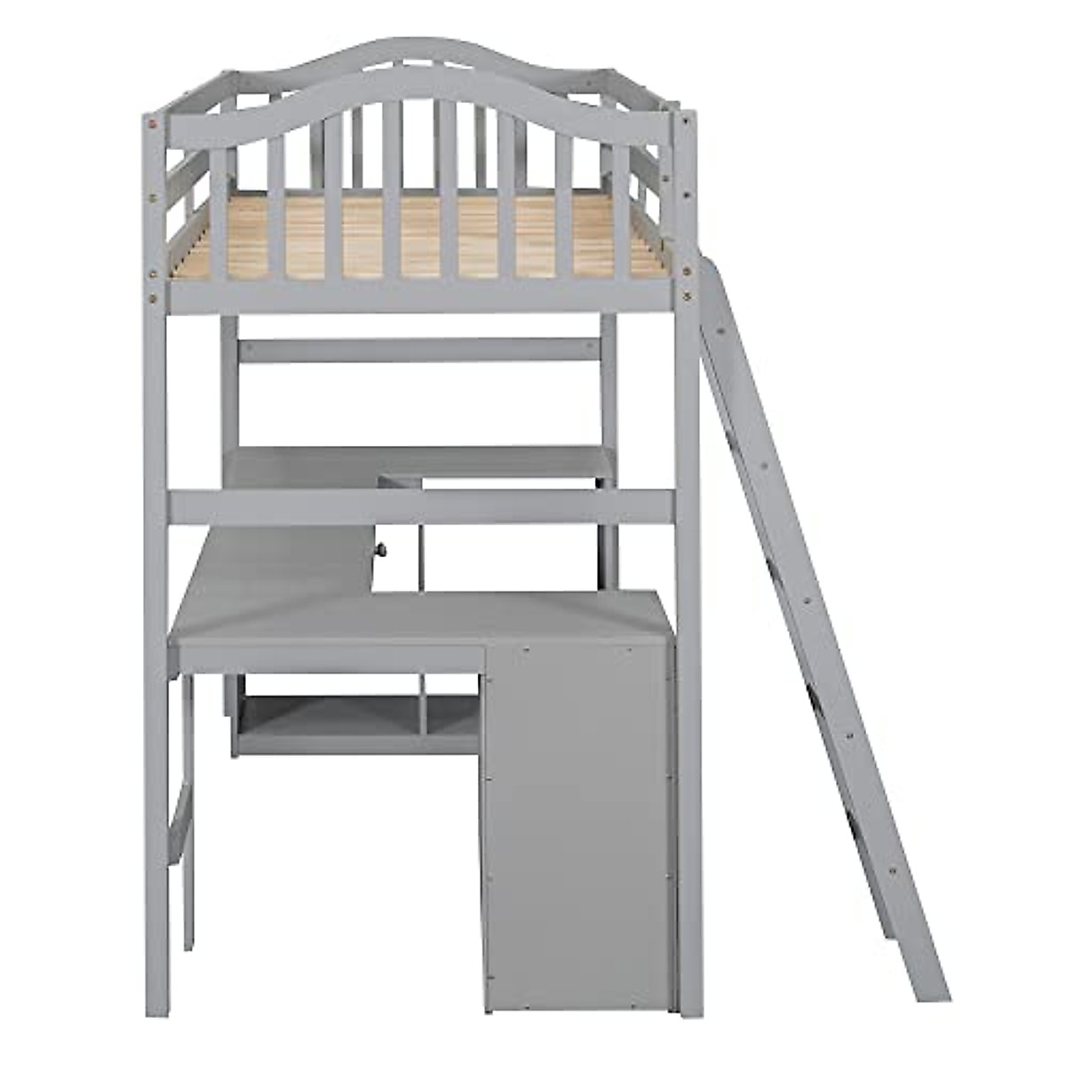 GJHOME Kids Loft Bed with Desk and Drawers, Wooden Twin Loft Bed with Storage Shelves and Angled Ladder, High Loft Bed Frame for Kids, Teens, Adults Boys & Girls, Gray