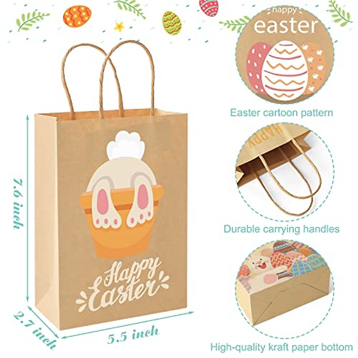 TOXOY 3 Rolls Red Gingham Ribbon and 18PCS Easter Kraft Gift Bags