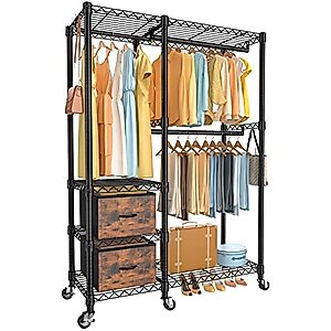 Memobarco Clothing-Rack, Heavy Duty Rolling Clothes-Rack, 4 Tiers Wire Shelving Garment Rack with 3 Hanging Rods & 2 Storage Drawers, Freestanding Portable Closet Wardrobe Clothes Organizer, Black