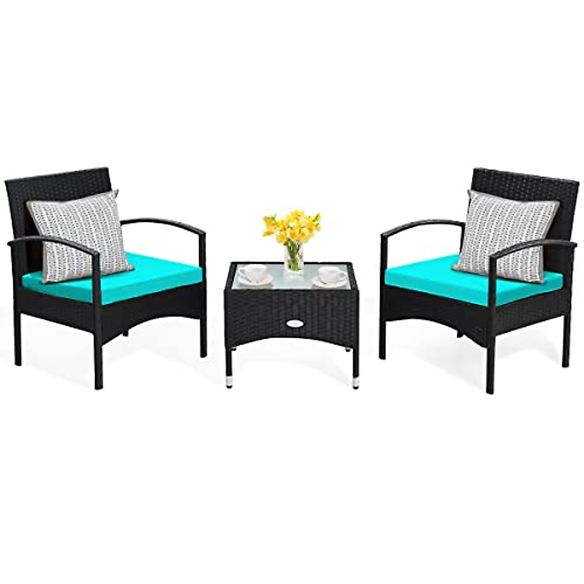 Tangkula 3 Pieces Patio Wicker Rattan Furniture Set, Rattan Chair with Coffee Table, High Load Bearing Chair Conversation Sets for Patio Garden Lawn Backyard Pool