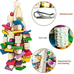 PINVNBY Large Bird Parrot Chewing Toy Parrot Cage Bite Toys Multiple Wood Blocks Bird Toy Natural Wooden Tearing Toy for Cockatoo African Grey Cockatiel Conure and Medium Parrot (Corn)