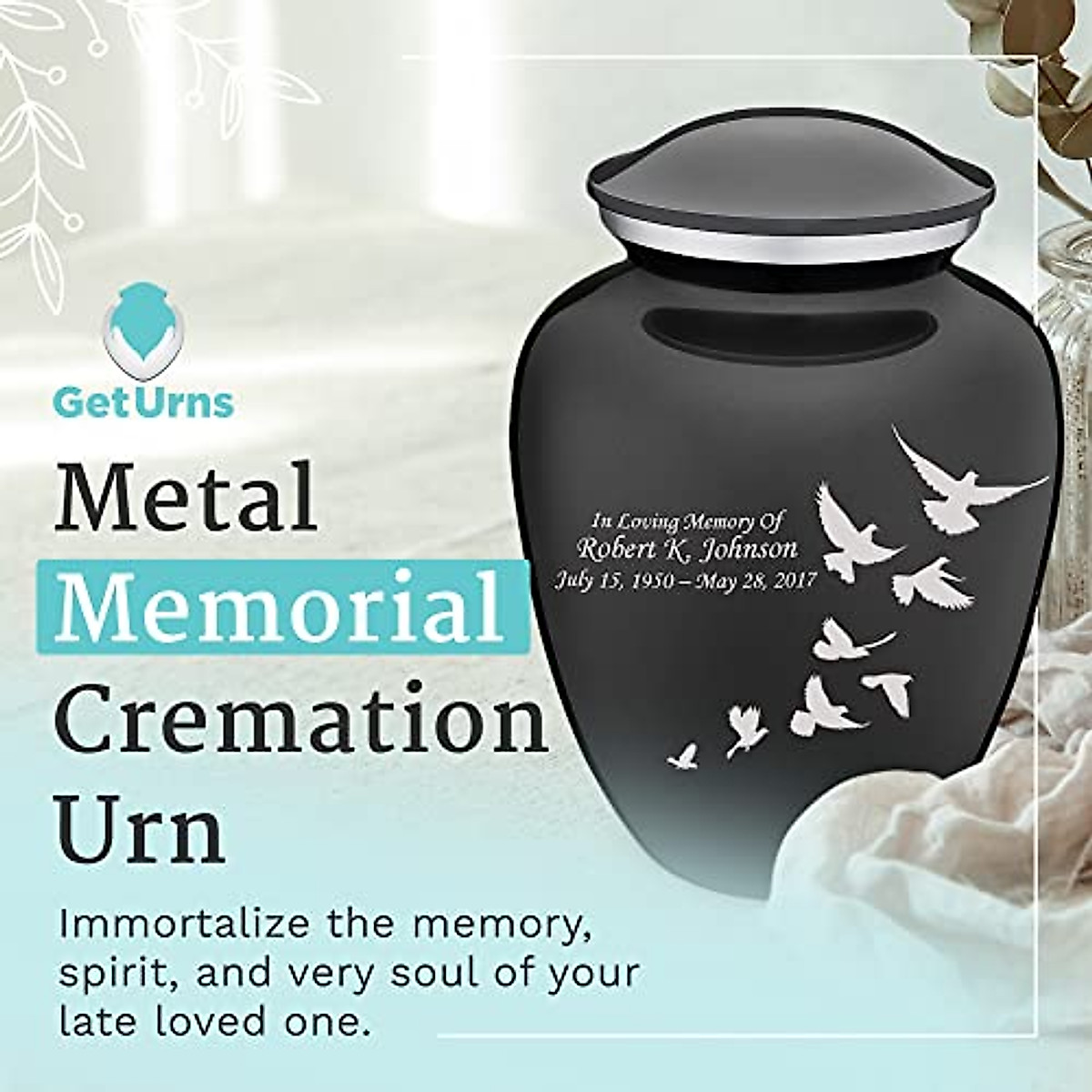 GetUrns - Embrace Doves Urns for Human Ashes, Cremation Urns for Adult Ashes Men & Women, Cremation Urn for Home, Vault, or Niche, 200 cu. in., Custom Single Engraving, Charcoal