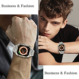 HASLFM Stainless Steel Watch Band with Case Compatible with Apple Watch Ultra/Ultra 2(49mm),Metal Strap and Rugged Protective Cover for iWatch Bands Cases Men, Silver/Gold