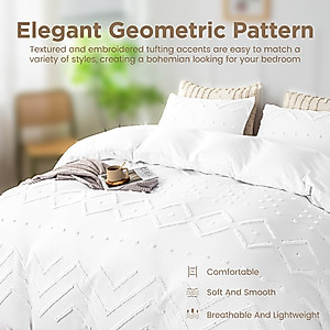 Sophia & William Boho Duvet Cover Set, 3 Pieces Tufted Comforter Set for All Season, Textured Duvet Cover and 2 Pcs Pillowcases, White, Queen Size