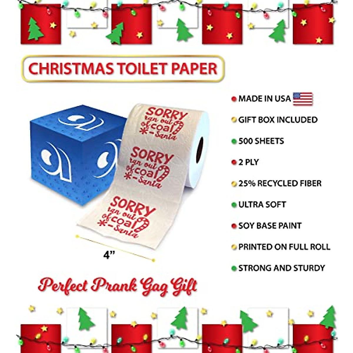 Printed TP Sorry Ran Out of Coal Santa Printed Toilet Paper Gag Gift – Merry Christmas Funny Toilet Paper Roll For Prank, Bathroom Decor, Stocking Stuffers, Novelty Xmas Holiday Gift – 500 Sheets