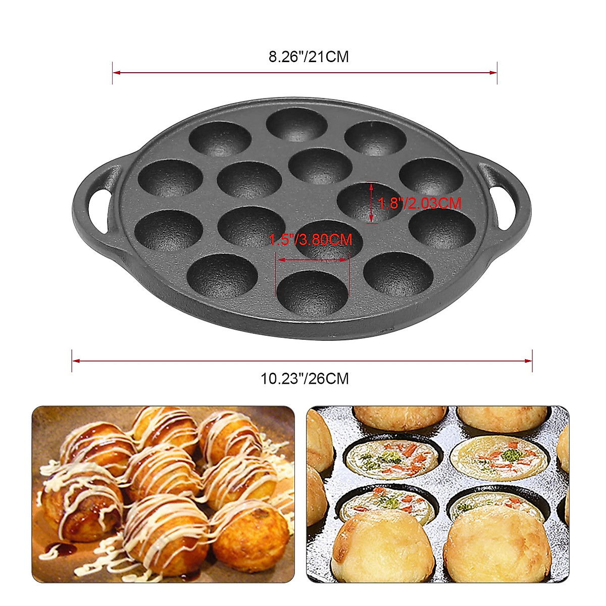 Cast Iron Takoyaki Pan,15 Hole NonStick Octopus Ball Maker Round Cooking Plate 1.5" Half Sphere Takoyaki Maker