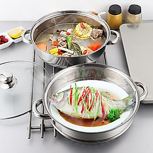 ZENFUN Steamer for Cooking, Steamer Pot with Steamer Insert, 2 Tier Stack and Steam Pot Set with Glass Lid, Stainless Steel Steamer Pot Double Handle, 11 Inch（Thickened）