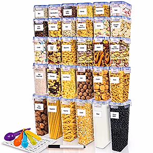 Churboro 30 Pack Airtight Food Storage Containers with 288 Labels, Chalk Pen, Spoons Set- BPA Free Plastic Pantry Organization Canisters for Dry Food, Cereal, Flour, Sugar