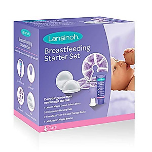 Lansinoh Breastfeeding Starter Set for Nursing Mothers, Breastfeeding Gift for Baby Showers and New Moms, Contains Nursing Essentials and Breast Therapy