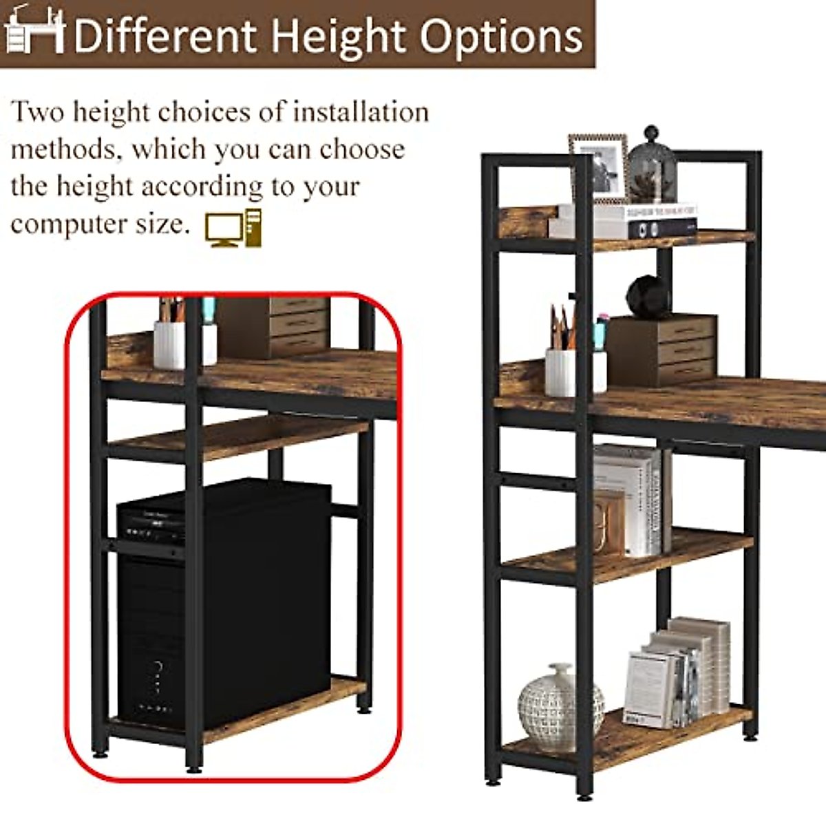 Napnapday 55 inch Computer Desk with Storage Shelves, Home Office Study Writing Table with Bookshelf, Rustic Brown