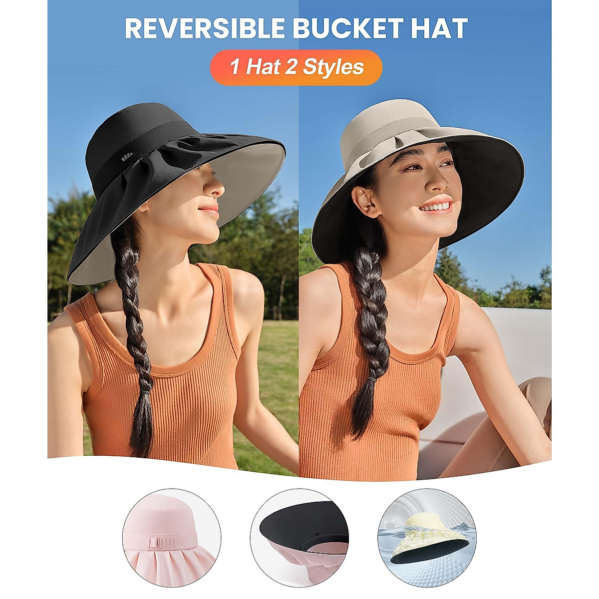 BENEUNDER Sun Hat Womens, Adjustable Wide Brim Bucket Hat with Vinly UPF50+ UV Protection for Beach, Summer Travel, Brown